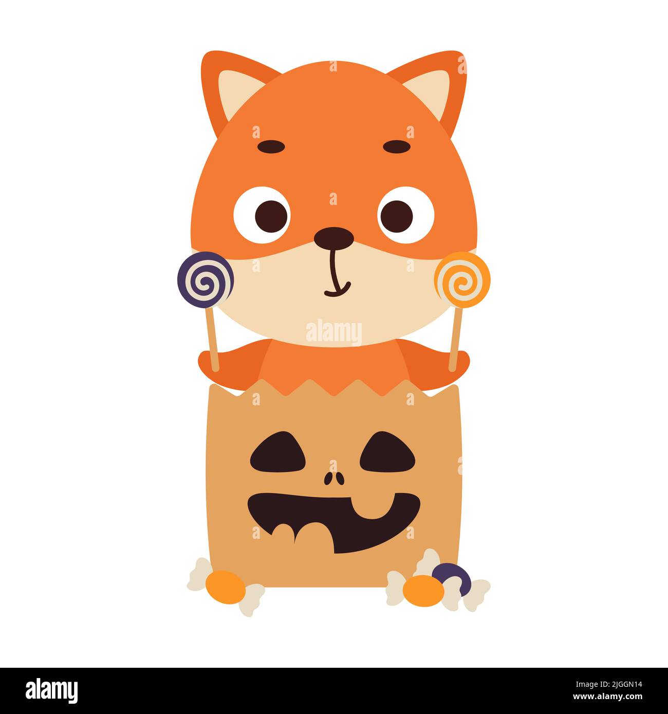Cute Halloween fox sitting in a trick or treat bag with candies ...