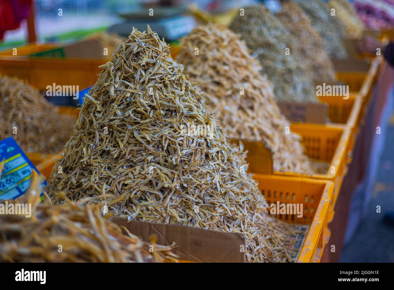 A large pile of dried fish on a market stall in Kuala Lumpur's fresh ...