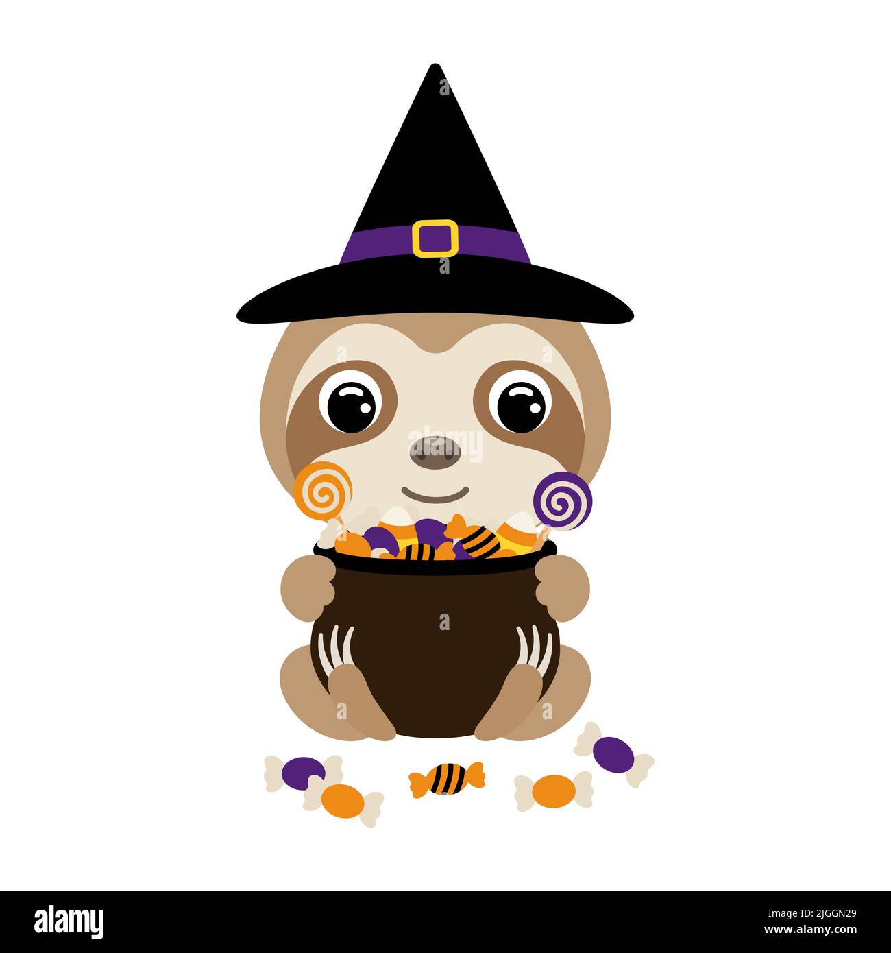 Cute Halloween sloth in witch hat holding a pot with candies. Cartoon ...