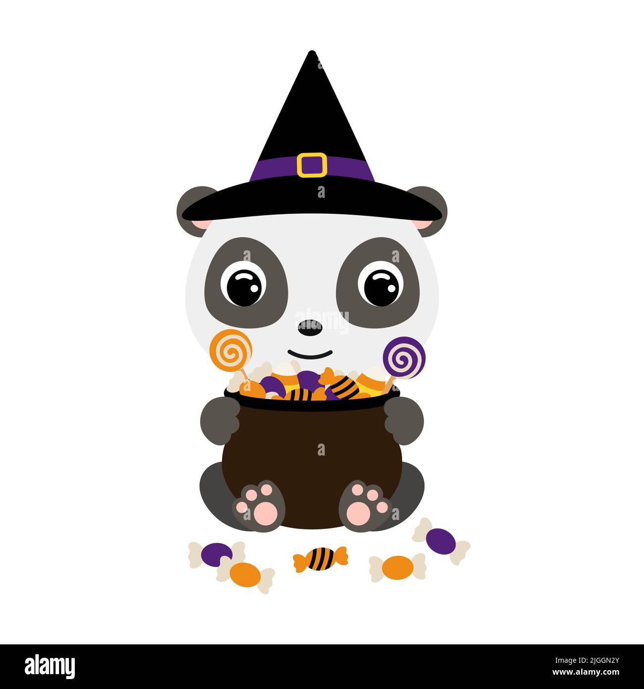 Cute Halloween panda in witch hat holding a pot with candies. Cartoon ...