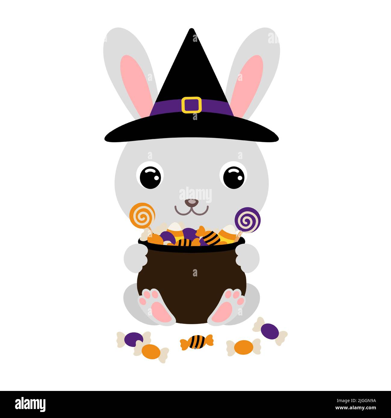 Cute Halloween rabbit in witch hat holding a pot with candies. Cartoon ...