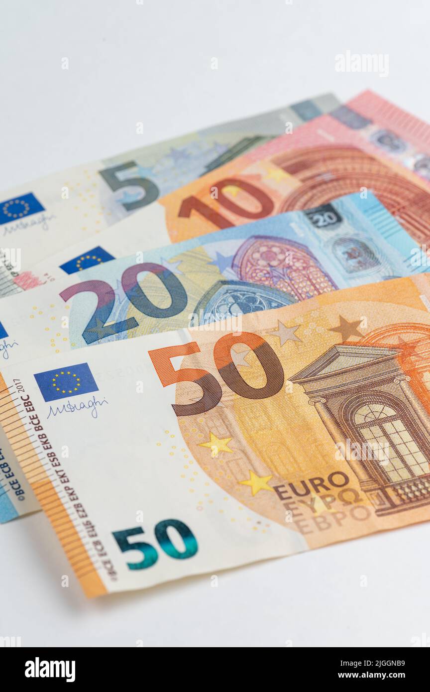 5, 10, 20, 50 euro banknotes. Money on white background Stock Photo - Alamy