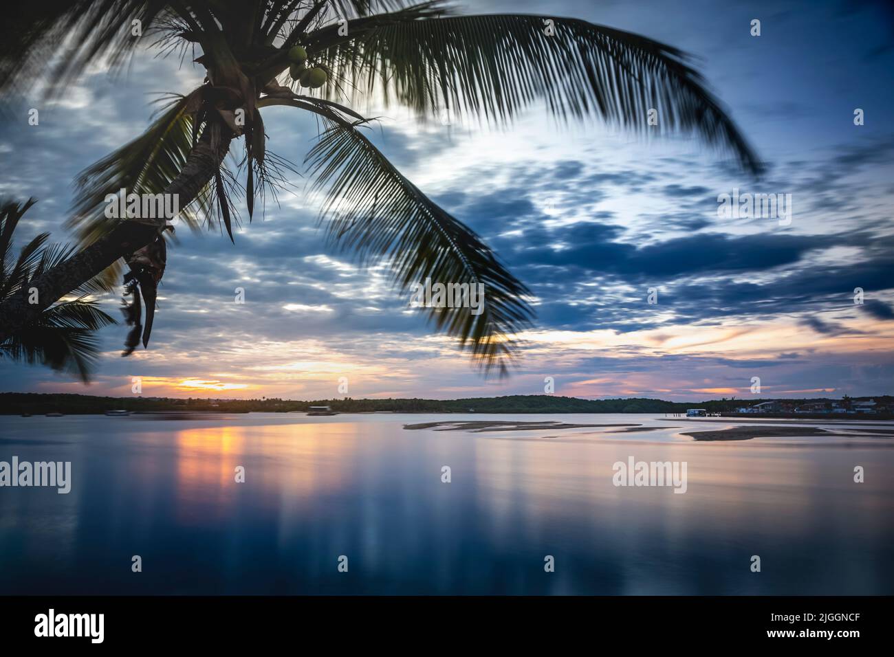 Long exposure: Porto Seguro Beach at dawn with palm trees, BAHIA Stock ...