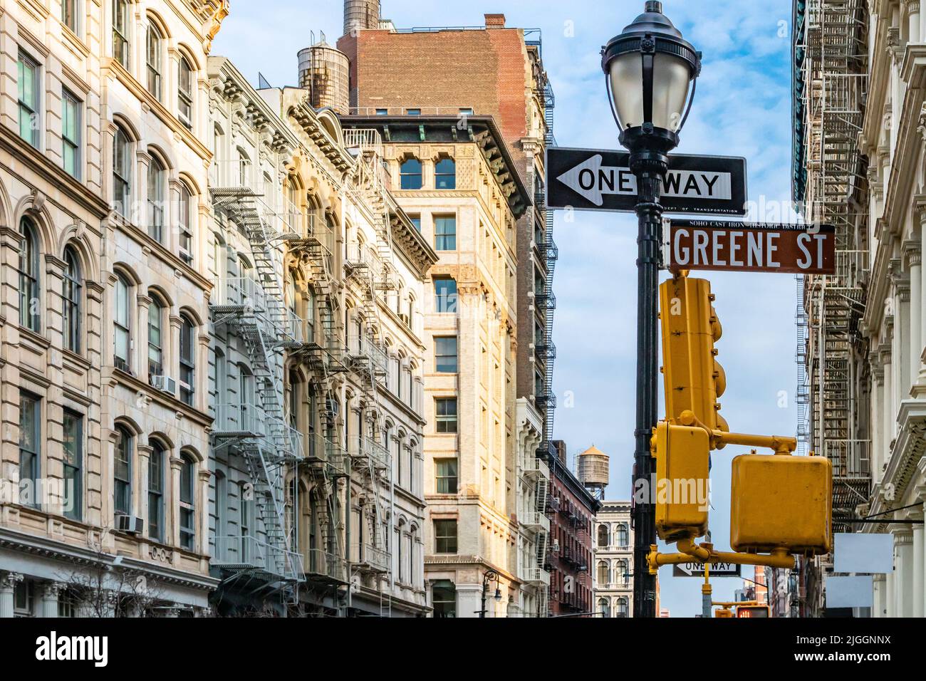 Greene Street sign and old historic buildings at an intersection in ...