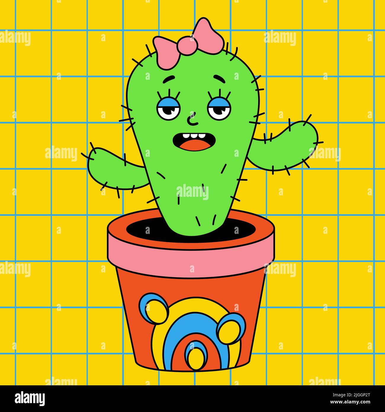 Funny cartoon character. Groovy element funky cactus girl with bow in ...