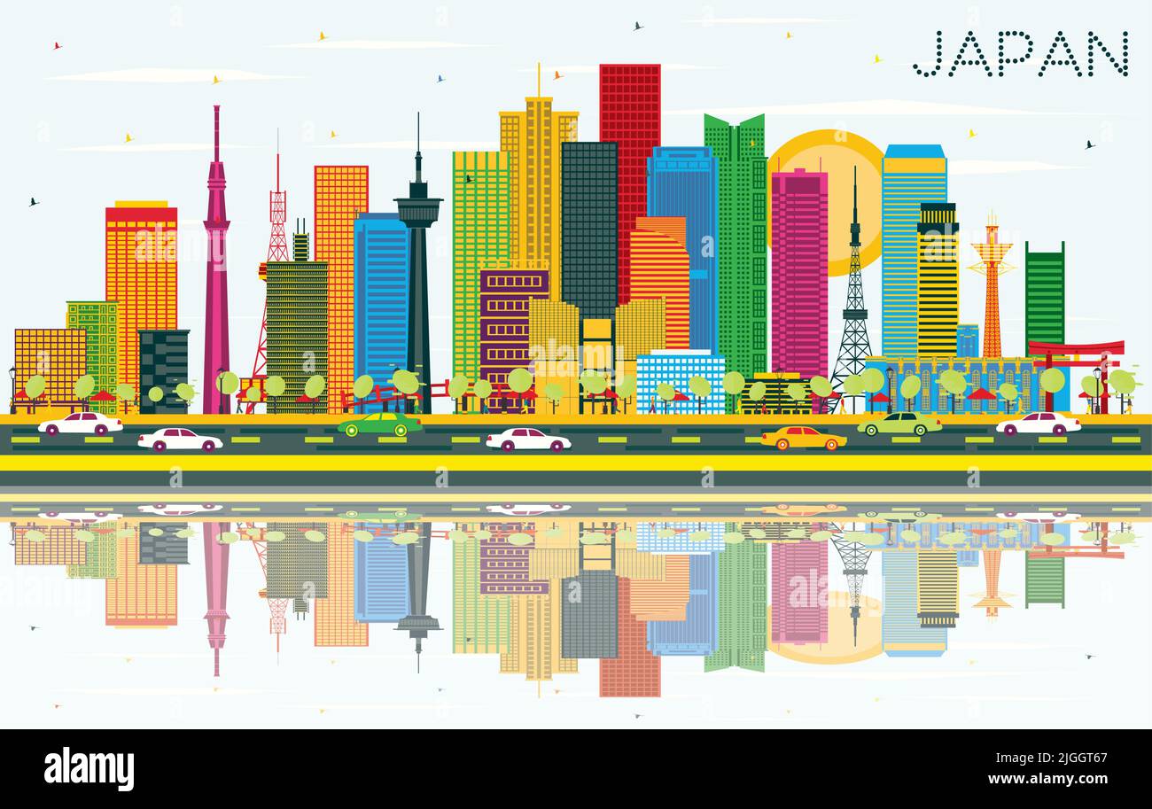 Japan City Skyline with Color Buildings, Blue Sky and Reflections ...