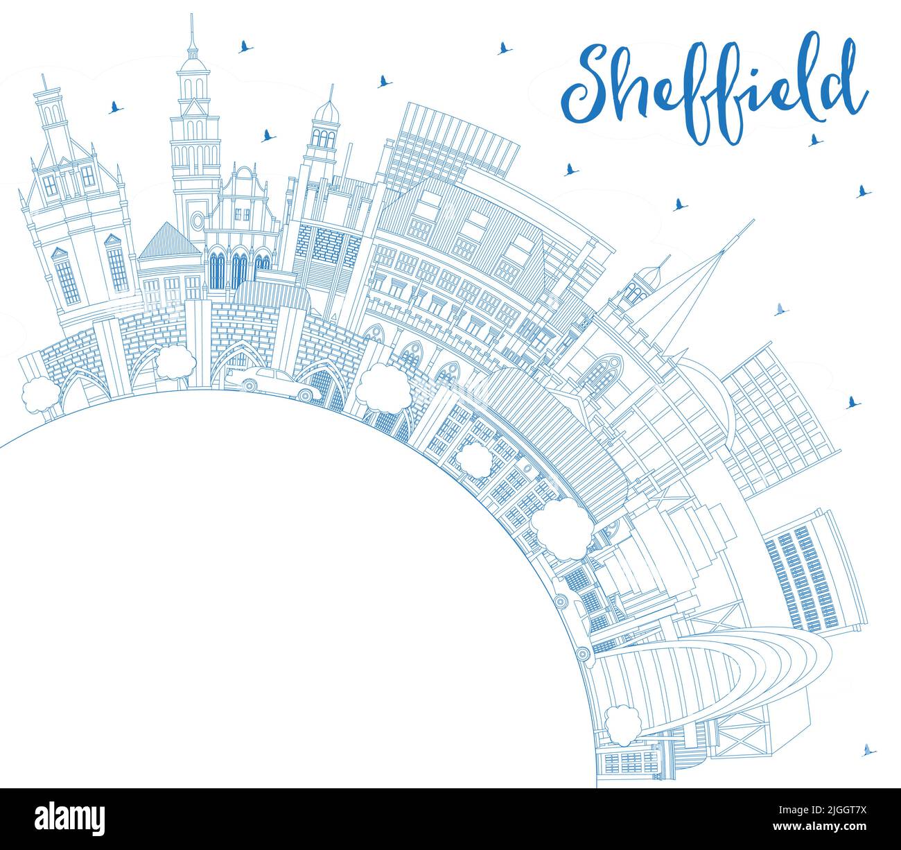 Outline Sheffield UK City Skyline with Blue Buildings and Copy Space ...