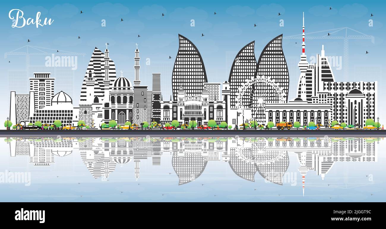 Baku Azerbaijan City Skyline with Color Buildings, Blue Sky and ...