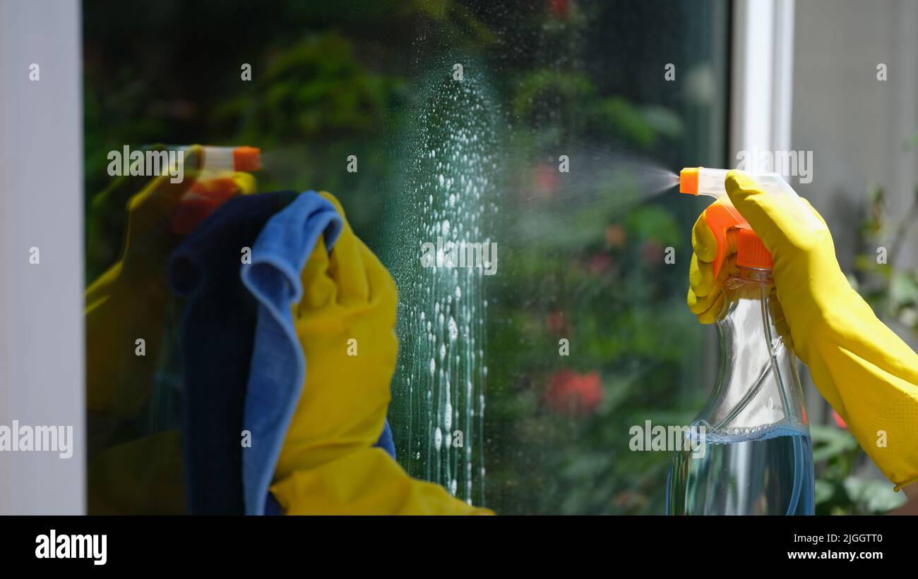 Female cleaner cleaning window using detergent and rag Stock Photo - Alamy