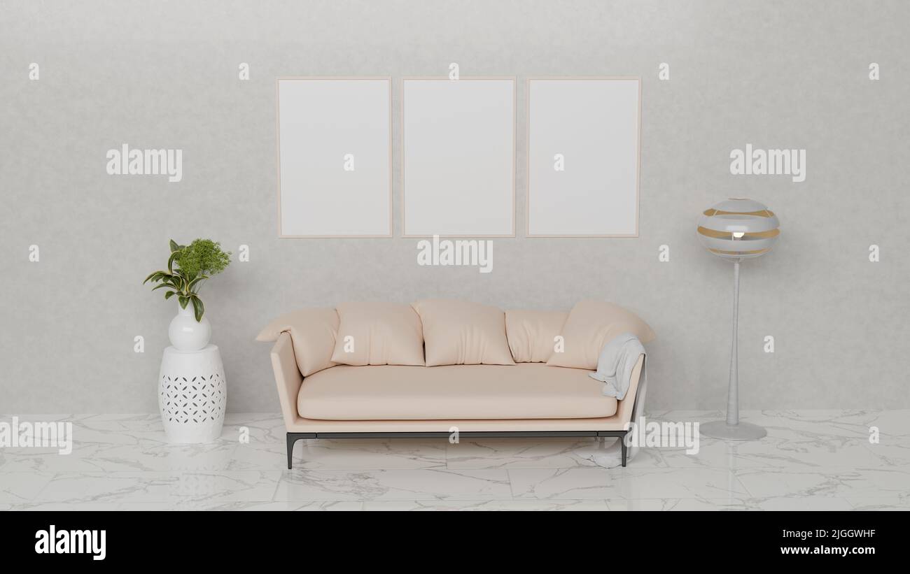 Home interior mockup background. Three vertical empty wooden frames ...