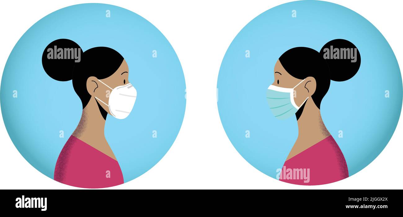 Young black woman wearing different types of disposable masks, surgical ...