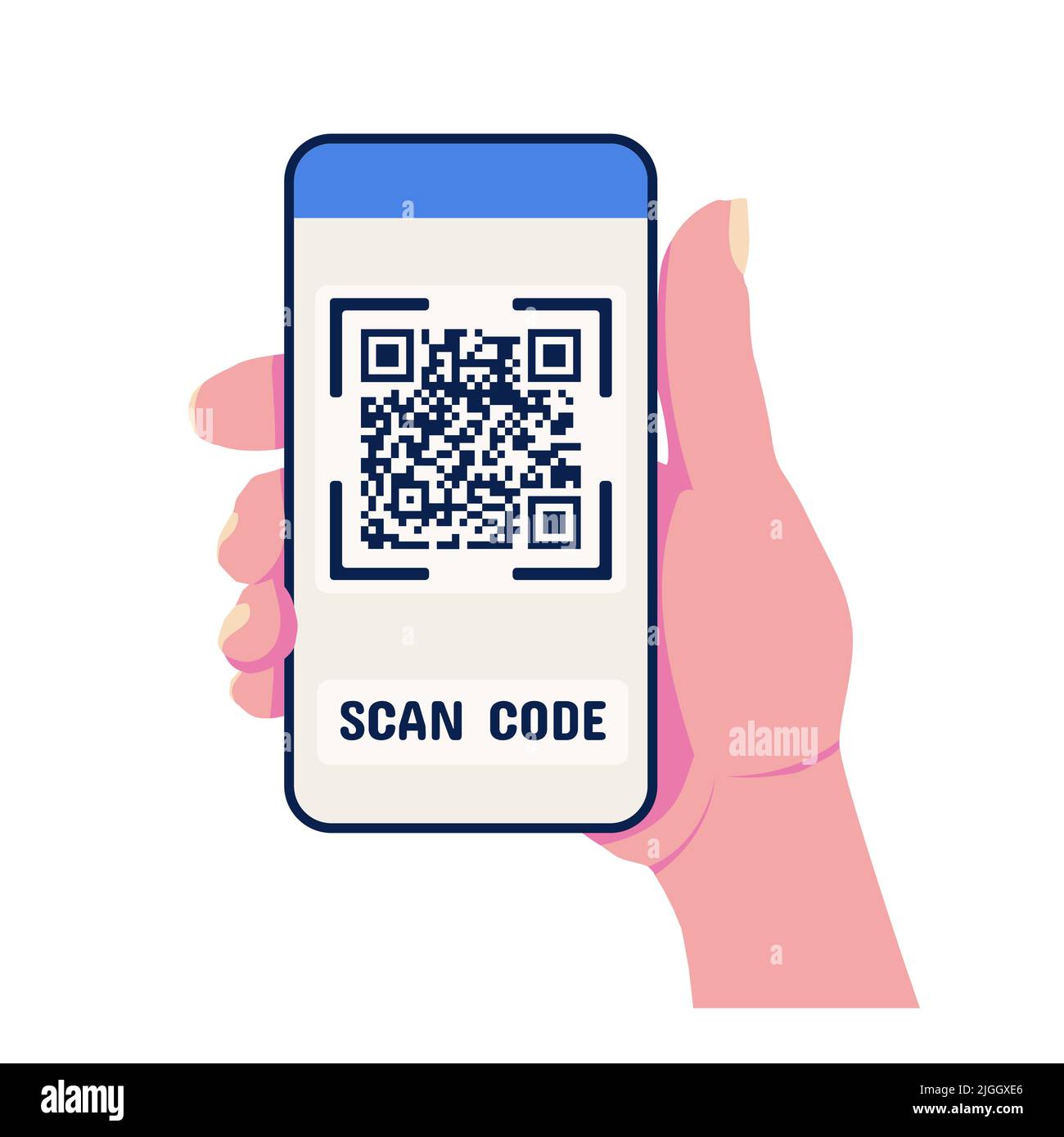 Qr scan code on mobile smartphone in hand. Screen payment app on device ...