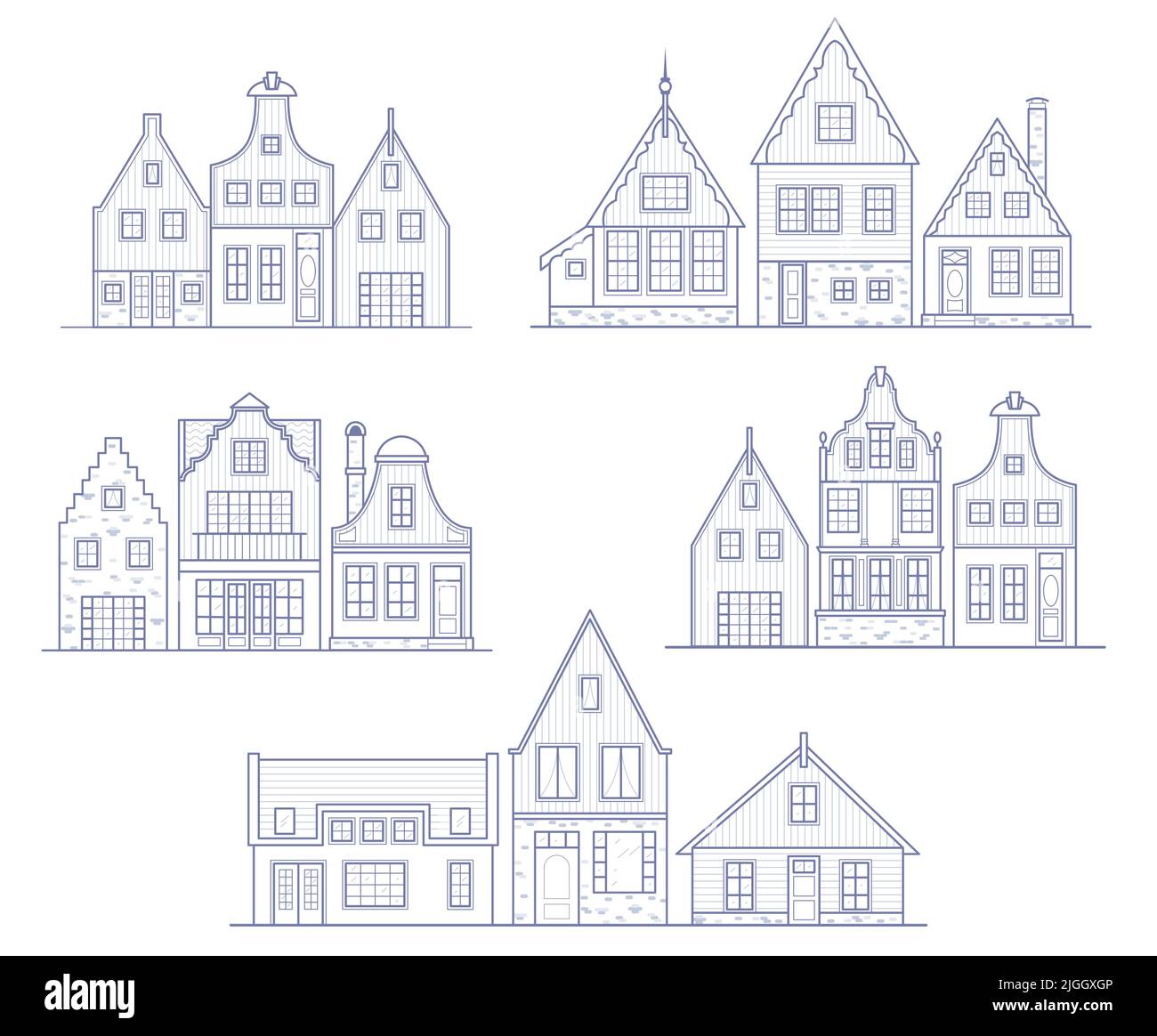 Groups of Amsterdam houses. Facades of European old buildings. Holland ...