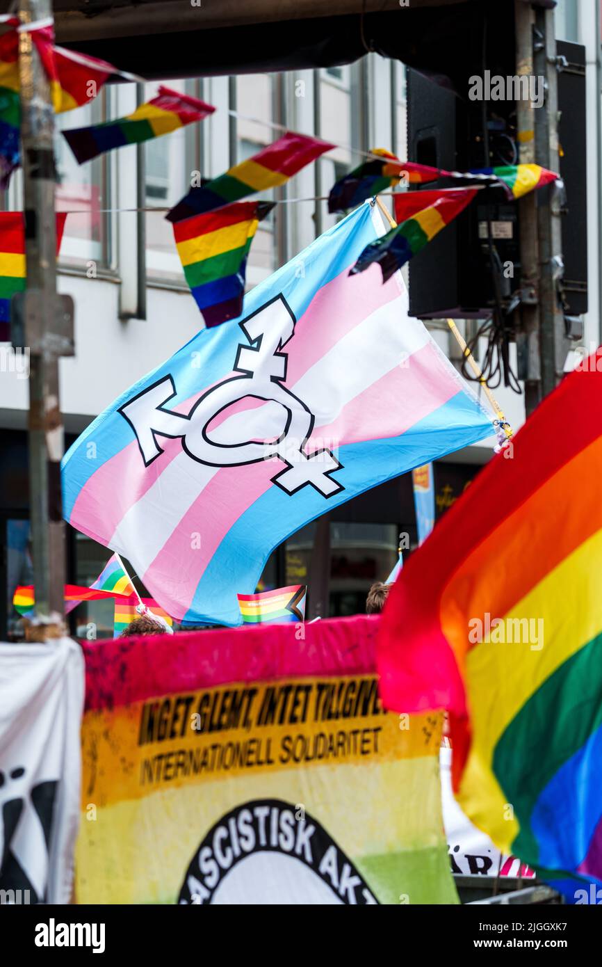 A trans quality blue pink and white flag flying at the Malmo Pride ...