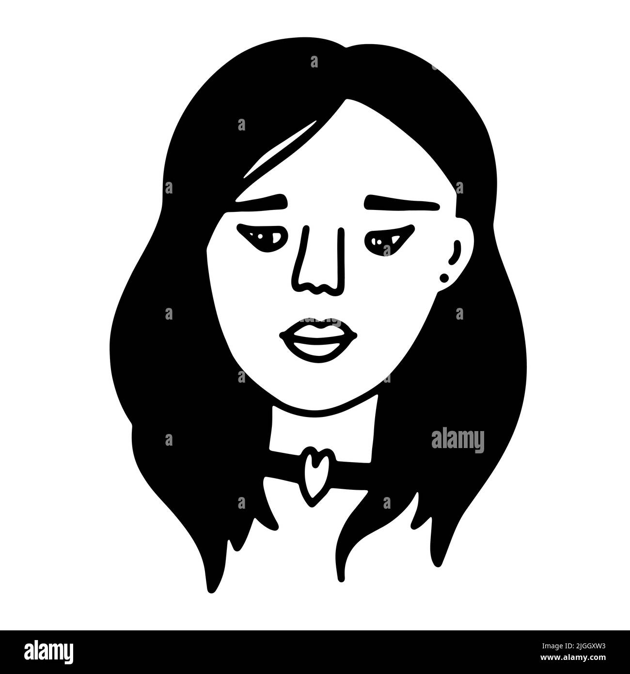 Doodle Young Girls Face Hand Drawn Asian Human Isolated On White