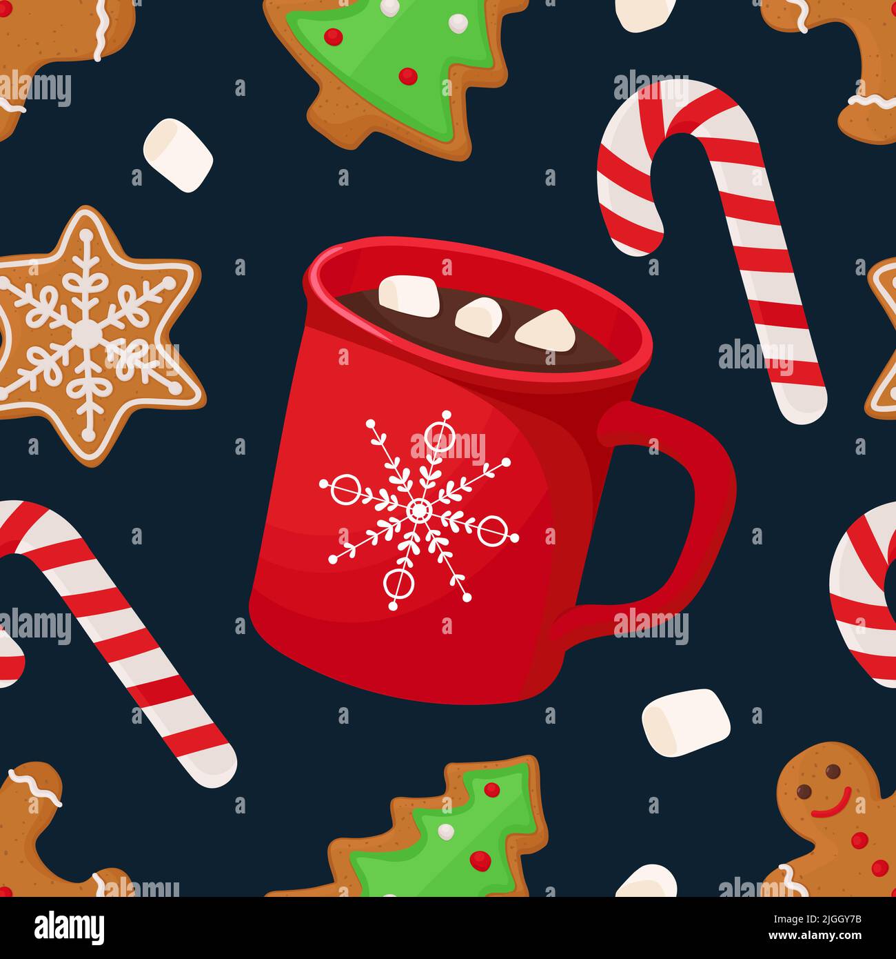 Christmas seamless pattern with Hot chocolate, marshmallow, lollipop ...