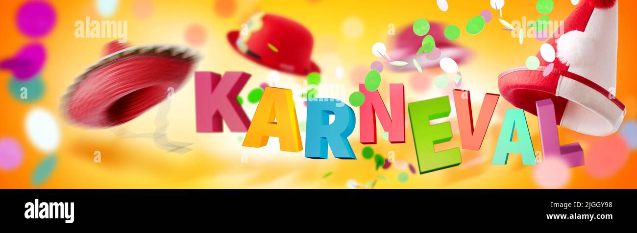 Colorful German word for carnival with various traditional hats and ...