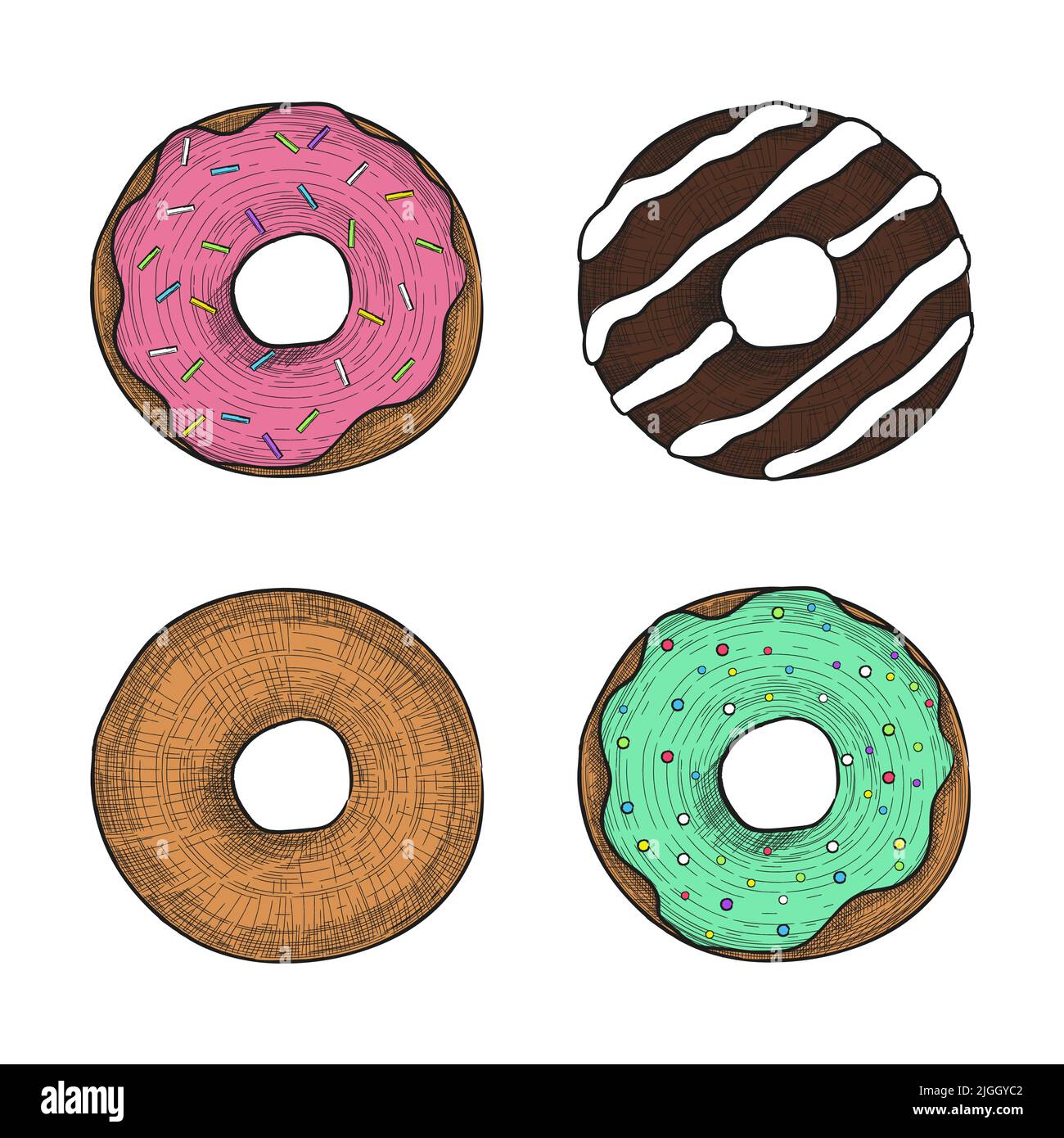 Donuts set in colored engraving style. Hand-drawn vector illustration ...