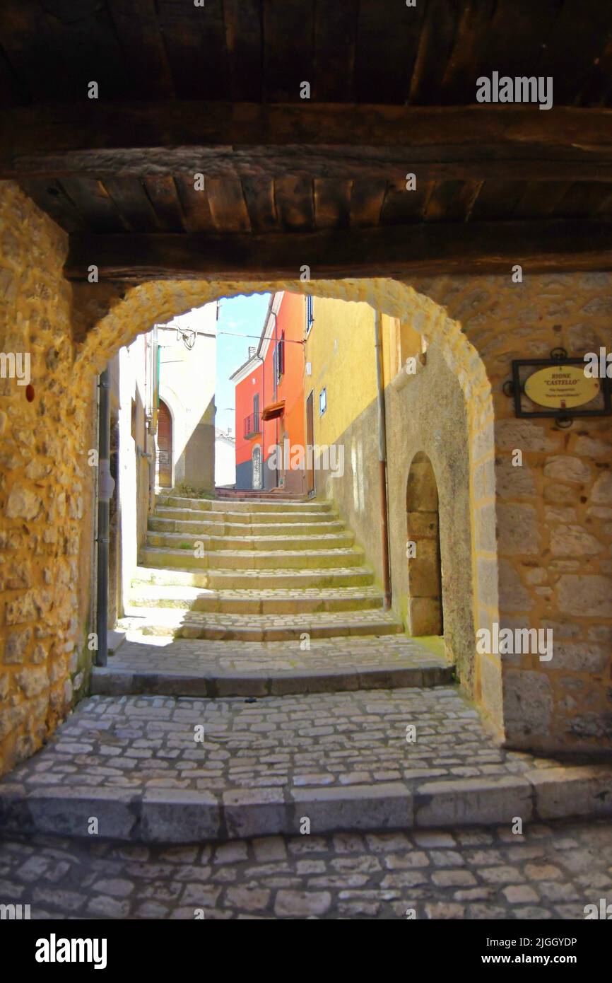 A narrow street in the medieval village of Sepino in the Molise region ...