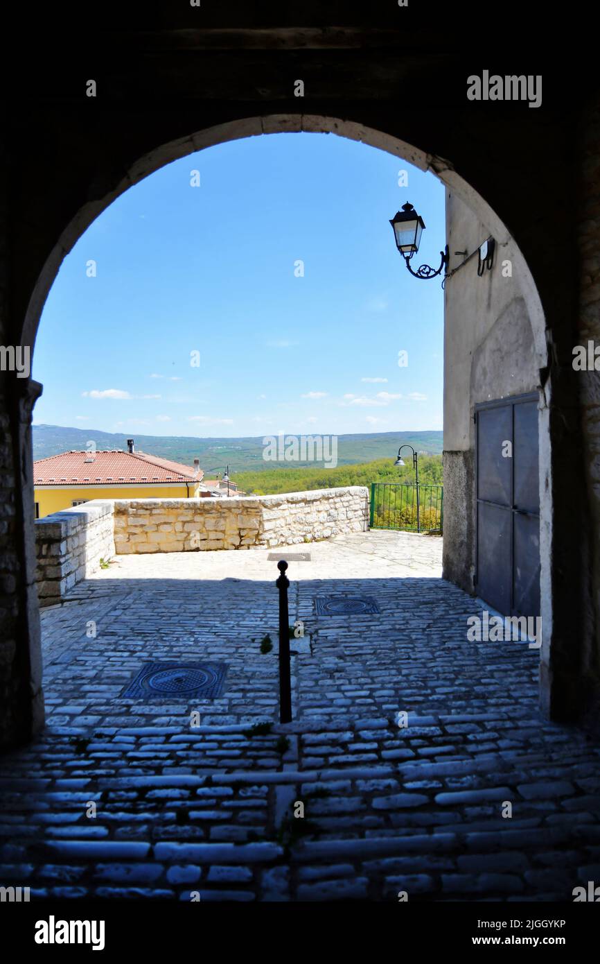 A vertical shot of the medieval village of Sepino in the Molise region ...