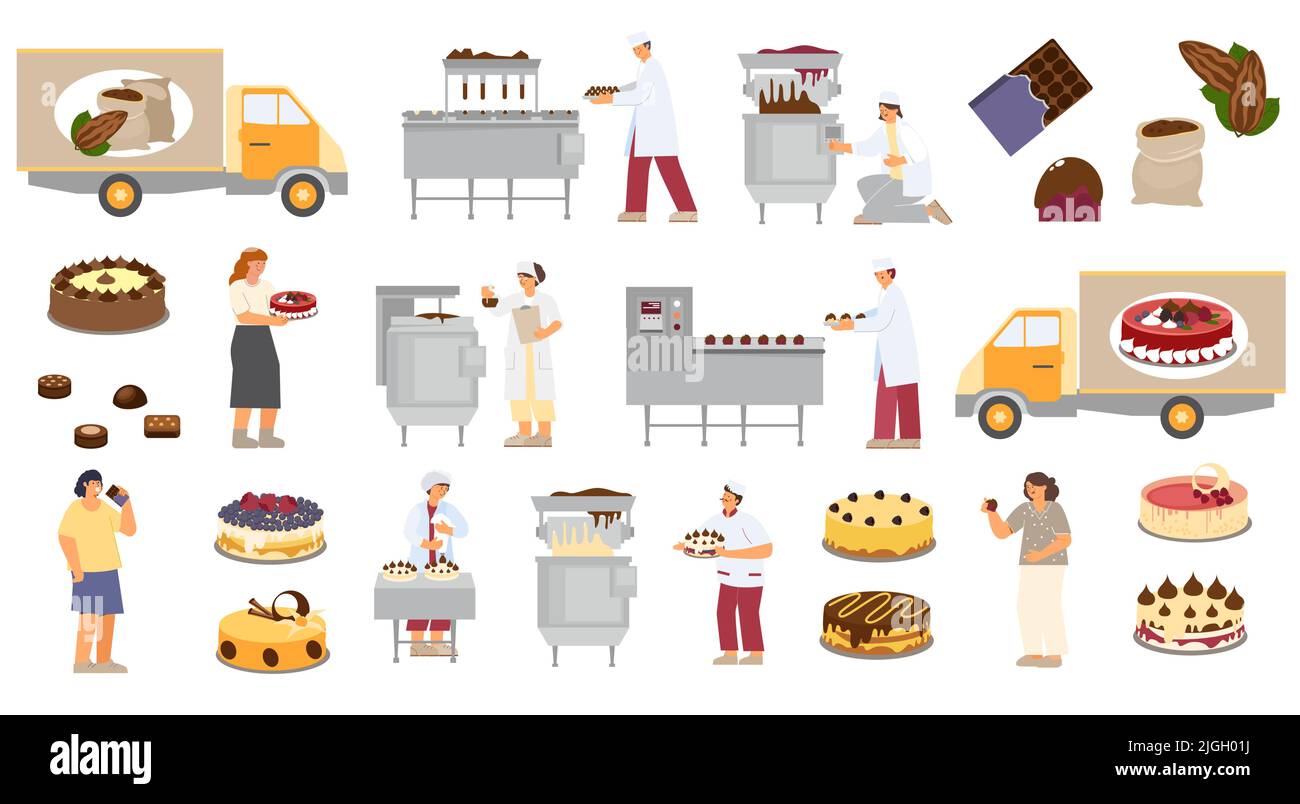 Sweet factory set with flat icons of cakes and cocoa products with ...