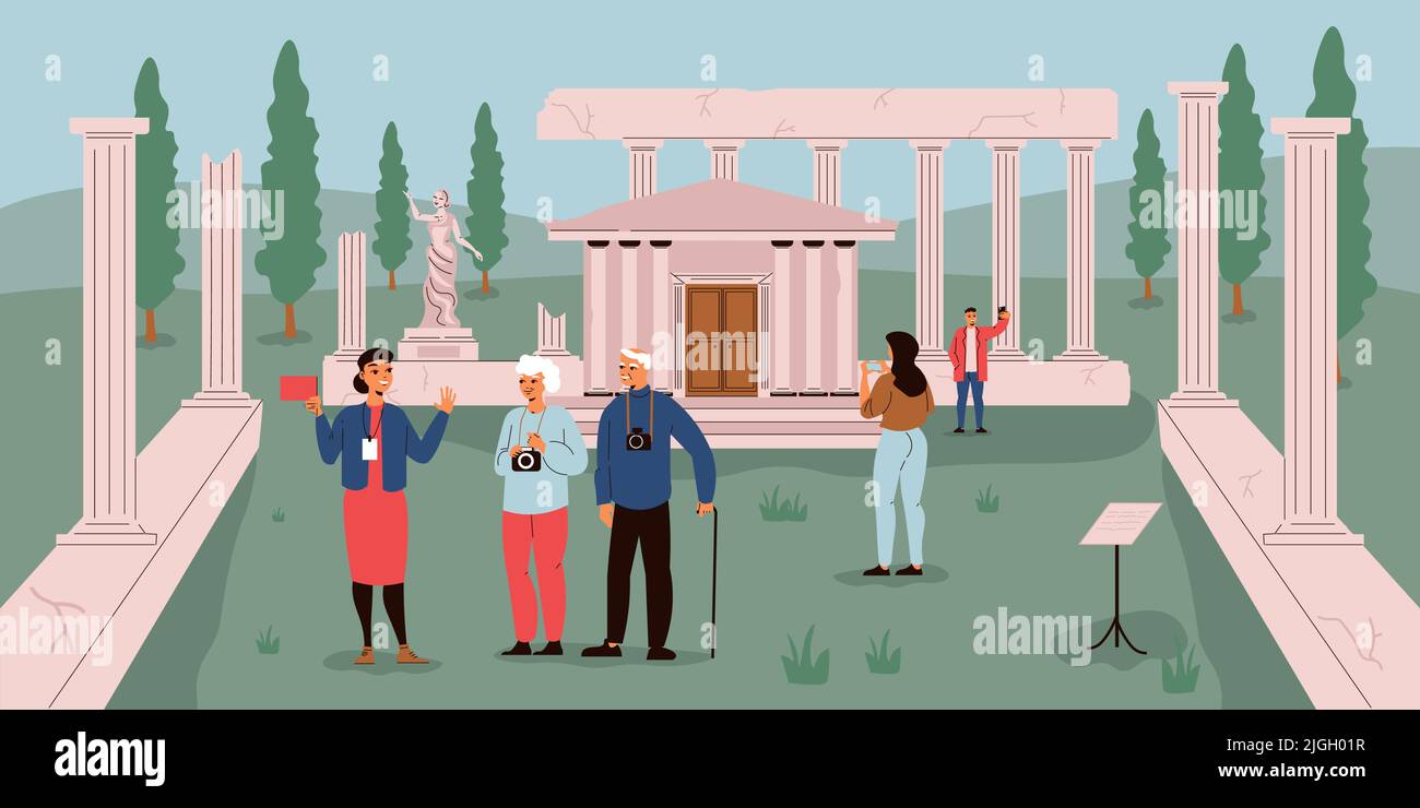 Excursion flat color background with tour guide telling group of ...