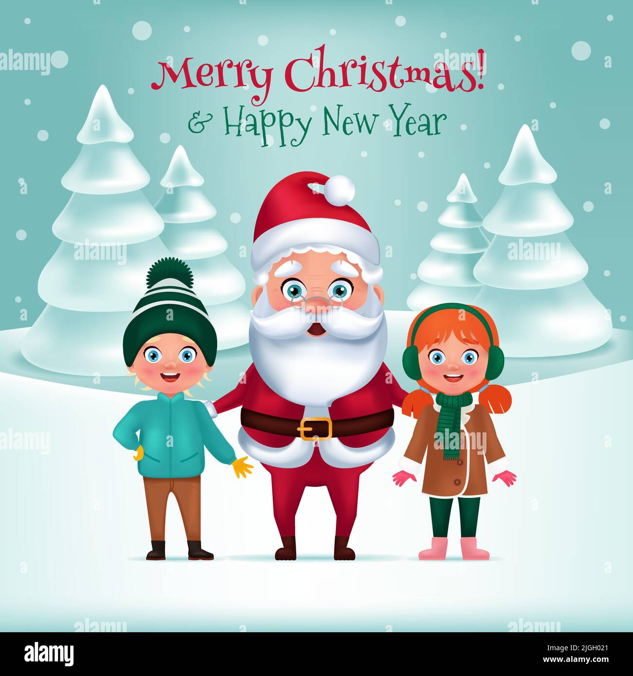 Santa Claus with children on winter frozen forest background. Christmas ...