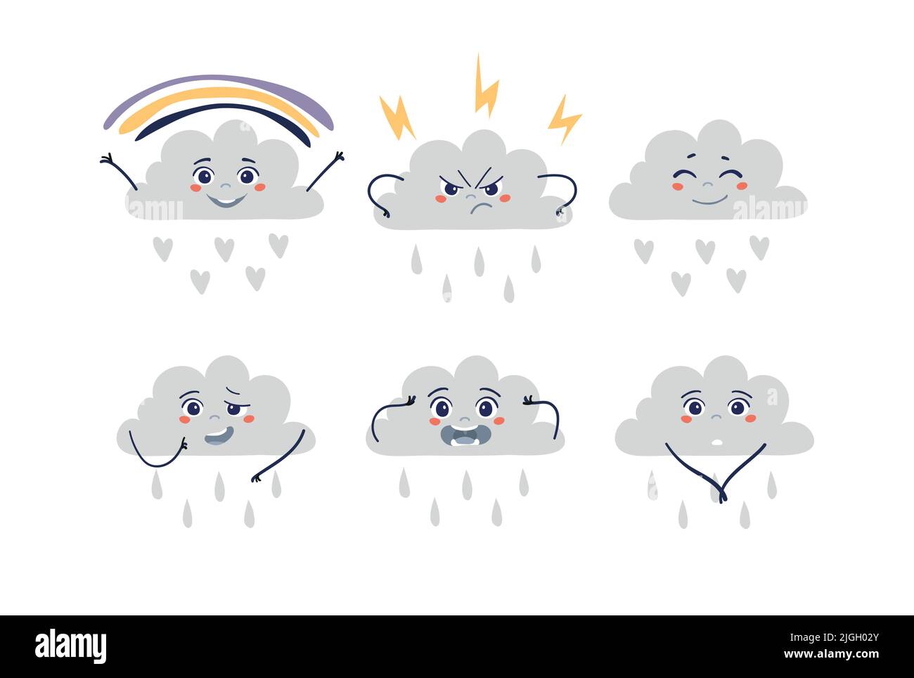 Cloud emoticon with different emotions, thunderstorm, rainbow, rain ...