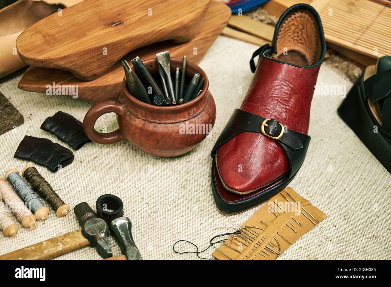 Making medieval vintage leather shoes, items for creating retro boots ...