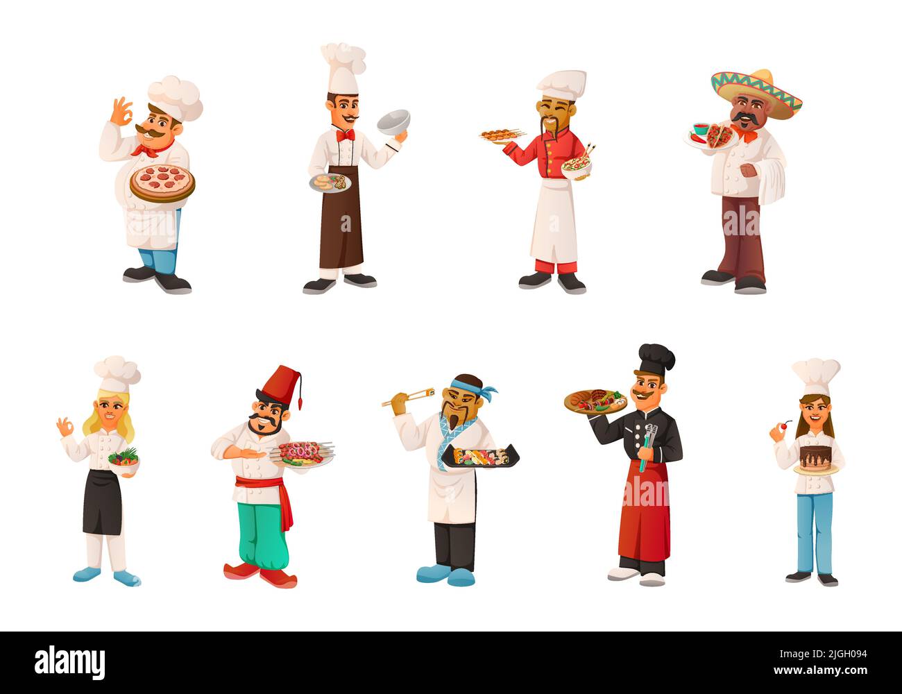 Chef cartoon set of man and woman characters holding trays with ...