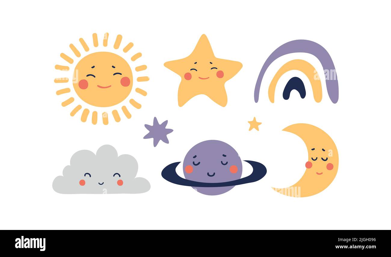 A set of space celestial characters for a children s poster, a smiling ...