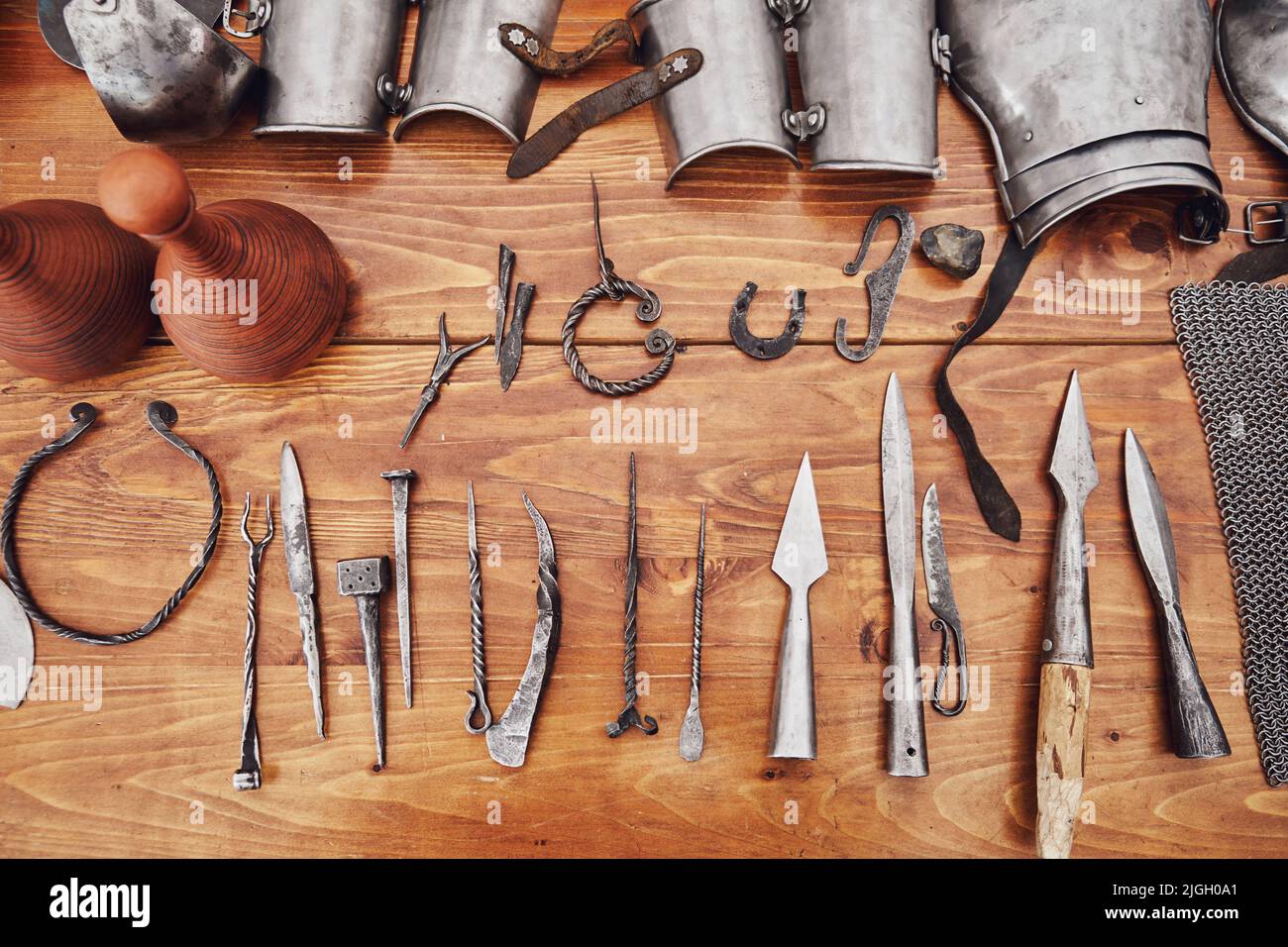 Medieval vintage armor and weapon. Reconstruction of the events of the ...