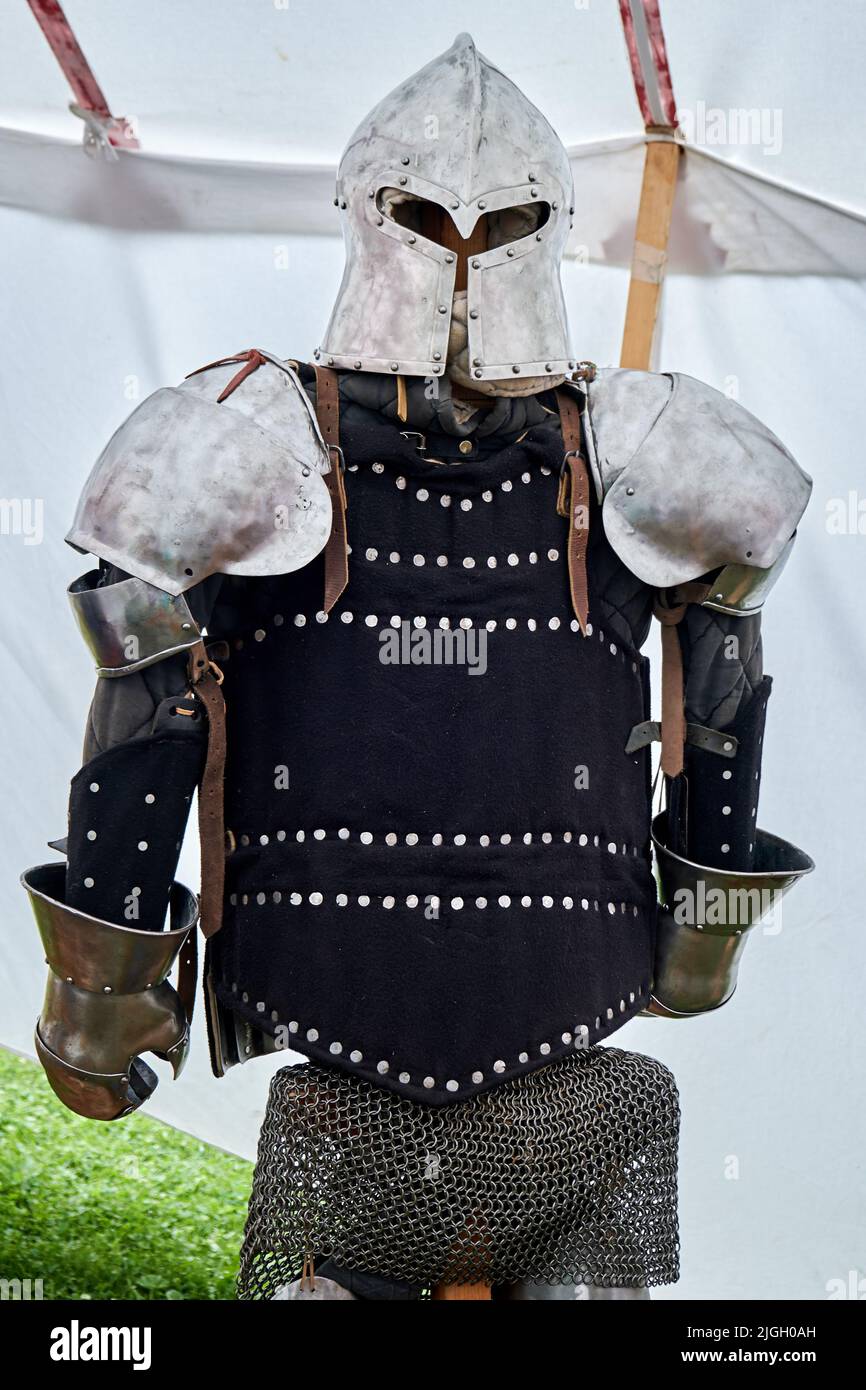 Medieval vintage armor and retro warrior helmet. Reconstruction of the ...