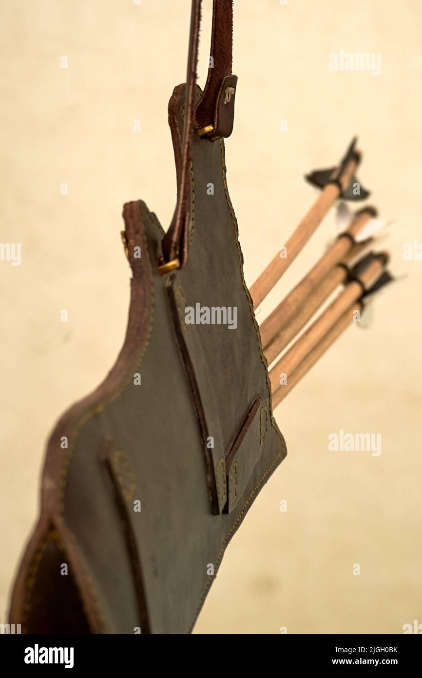 Vintage arrows for military bow and retro quiver, close-up Stock Photo ...