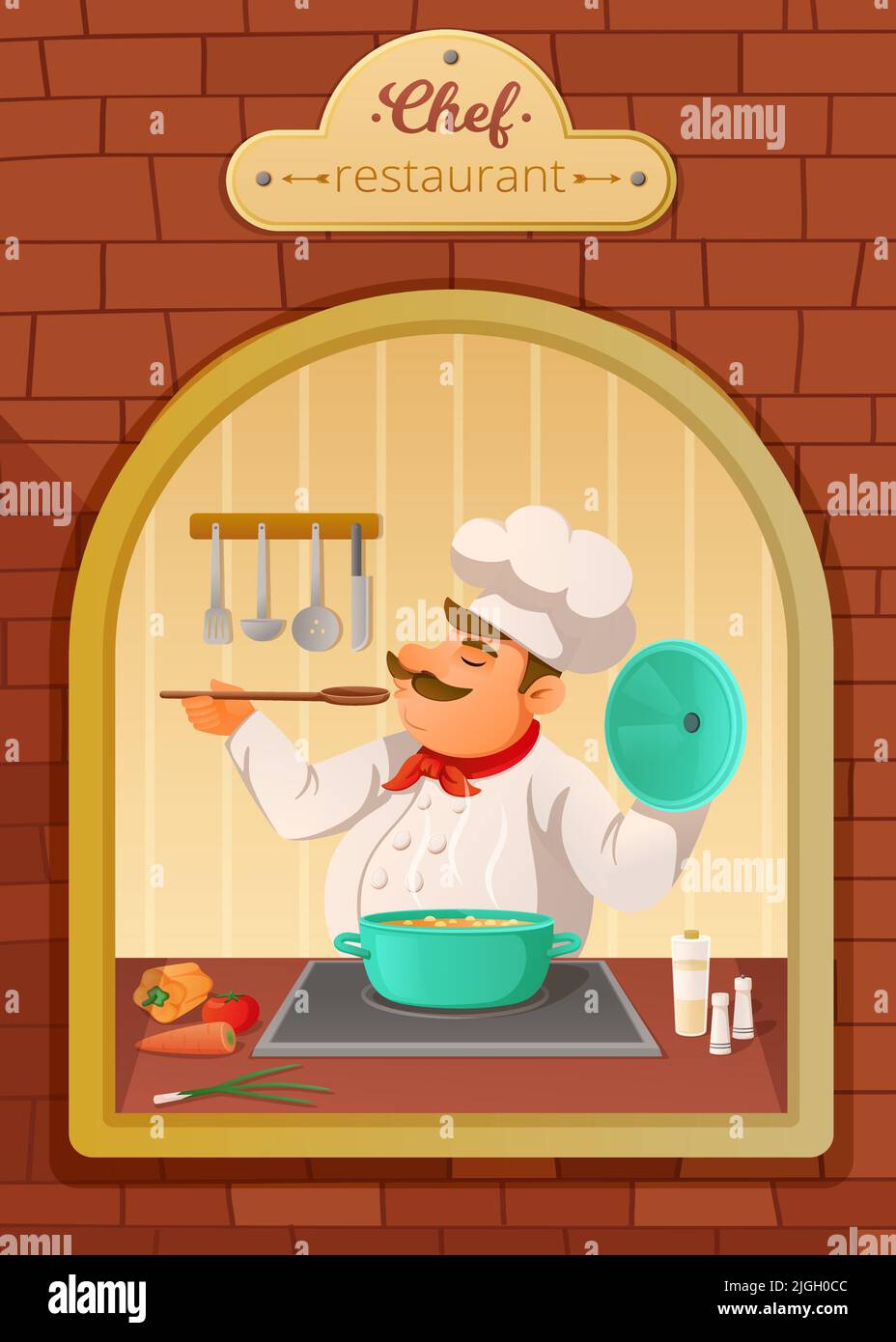 Professional cooking colored poster with chef character tasting soup at ...