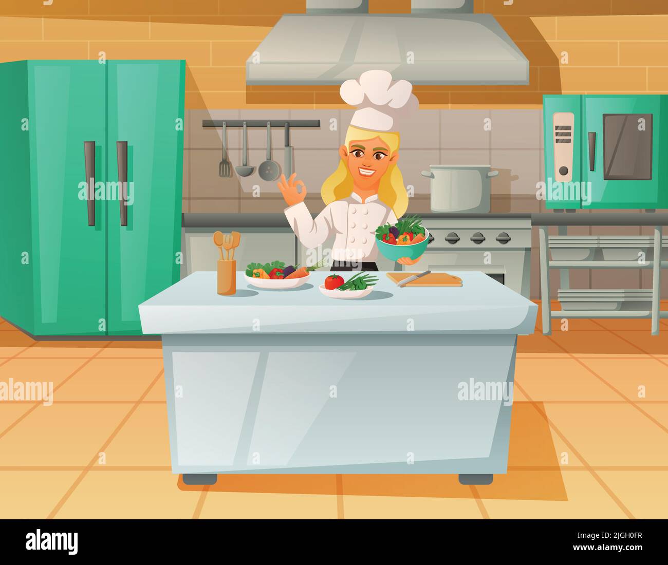 Funny female chef cartoon character preparing various dishes for ...