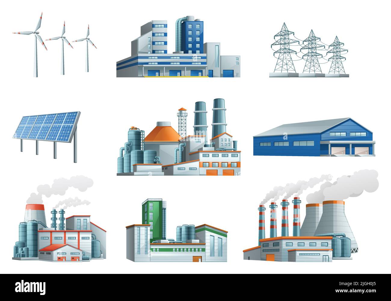 Industrial buildings flat set of thermal power plant wind turbines high ...