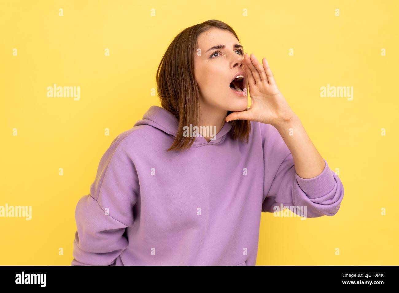 Attention, advertisement. Profile of woman yelling shouting about sale ...