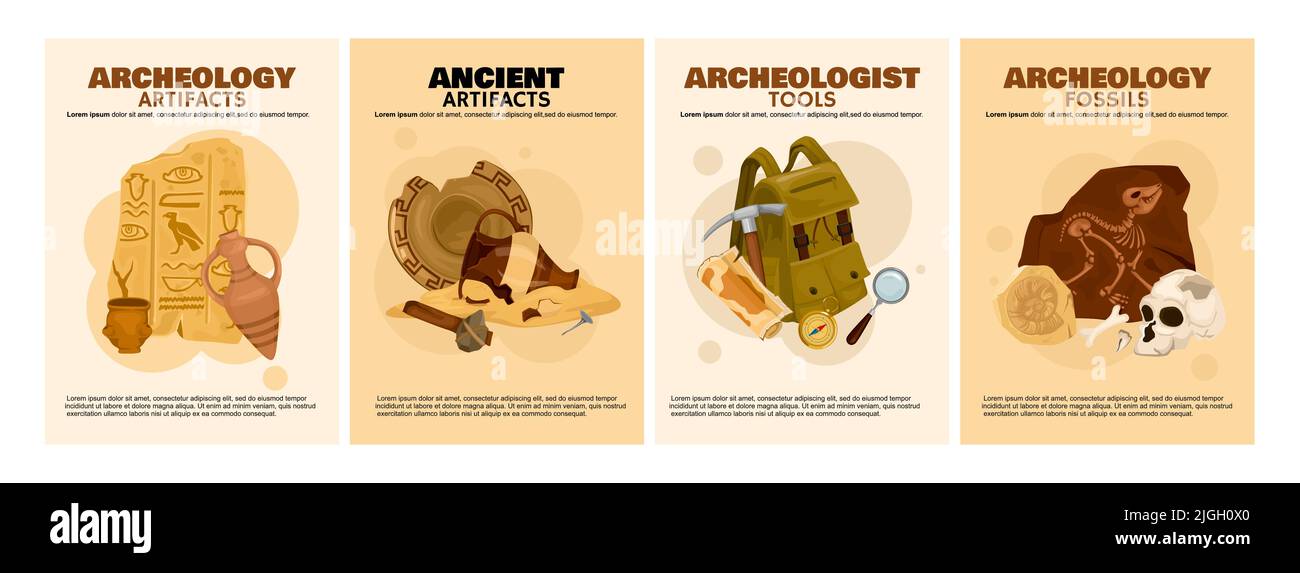 Archeology ancient artifacts set of four vertical posters with editable ...