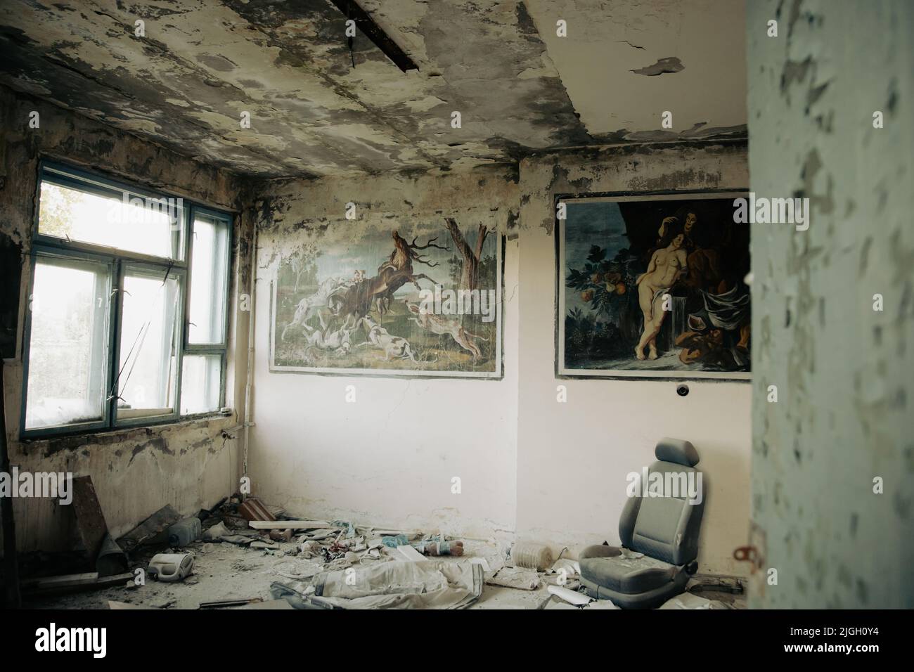 Abandoned ruined industrial building room inside interior, dark dirty ...