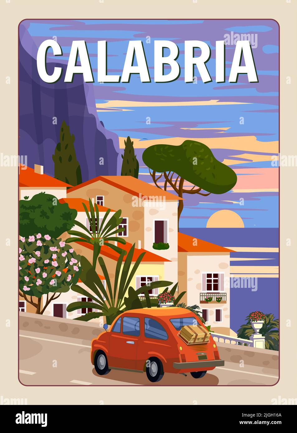 Retro Poster Italy, Calabria resort, Amalfi coast. Road retro car ...
