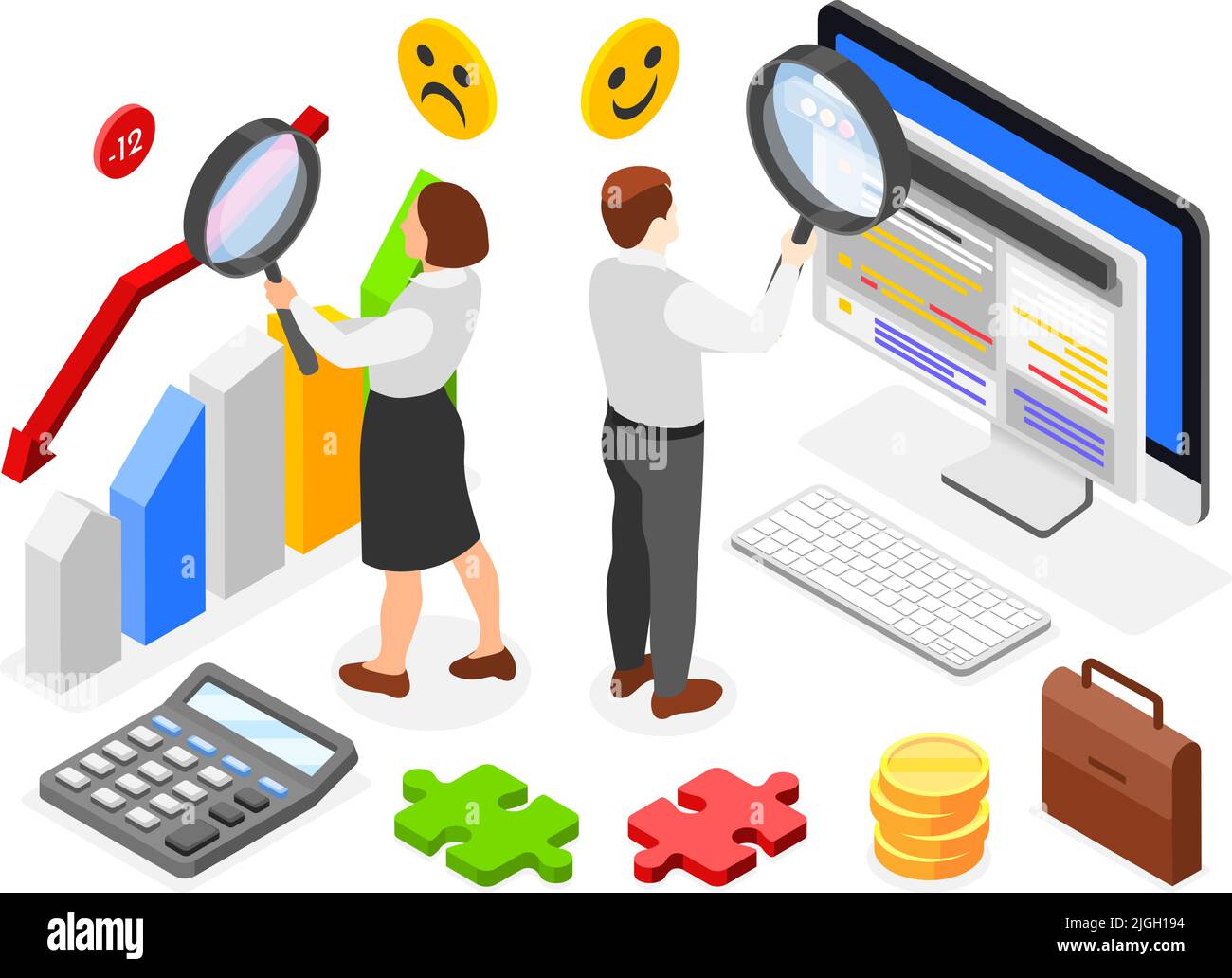 Soft skills isometric composition with two characters holding ...