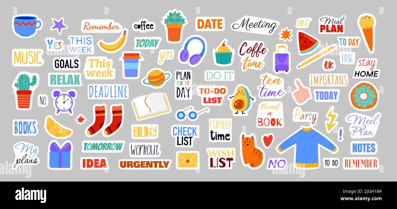 Set Of Flat Colored Sticker Mockups With Cute Cartoon Images And