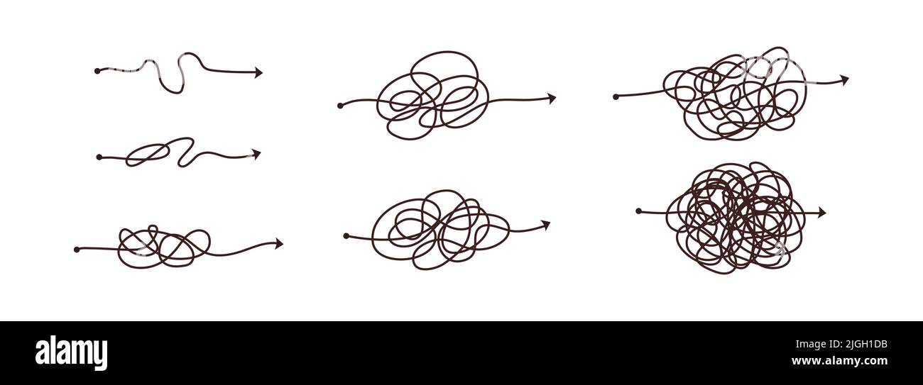 Simple line and complex easy way. Scribble doodle chaos mindset. Problem solving, difficult line ...