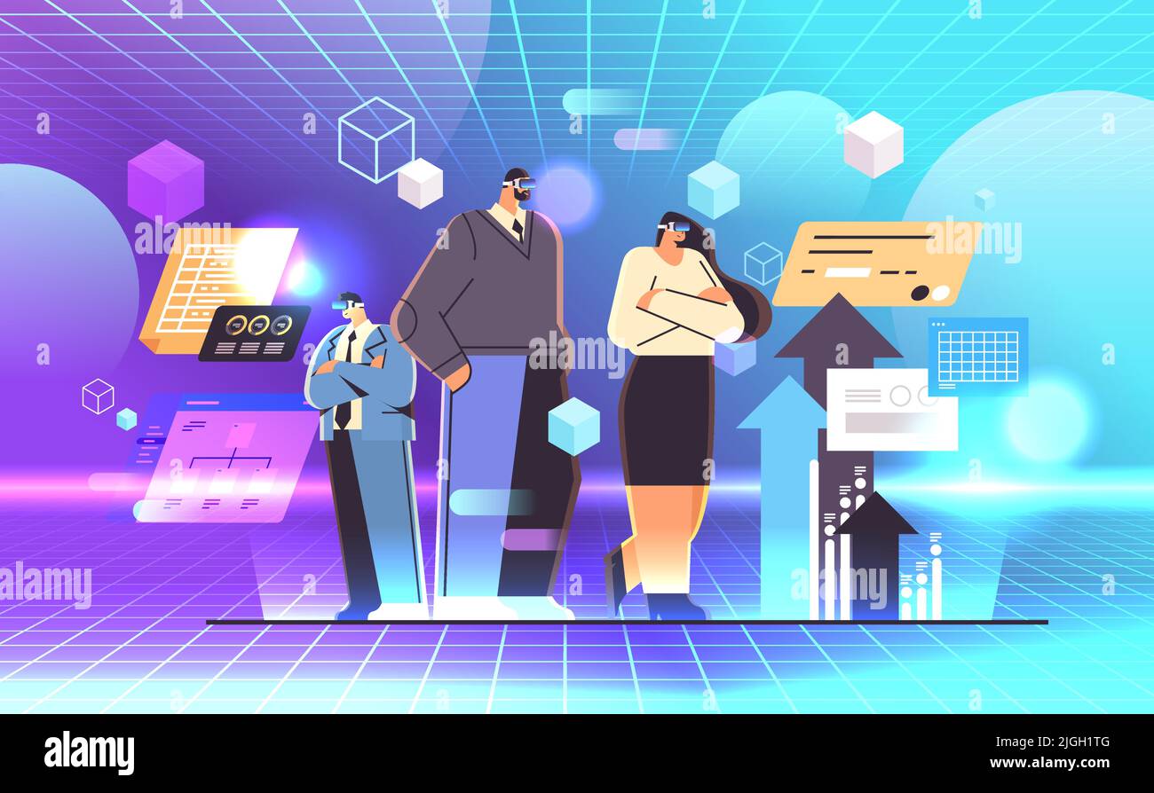 businesspeople in virtual reality glasses analyzing financial data on ...