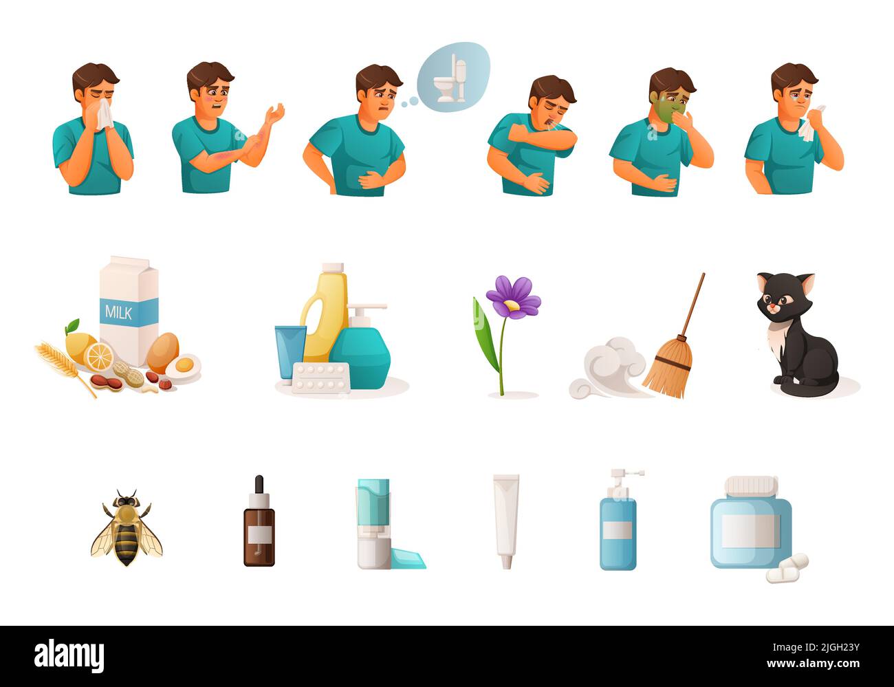 Cartoon set of allergy symptoms allergens and treatment isolated on ...