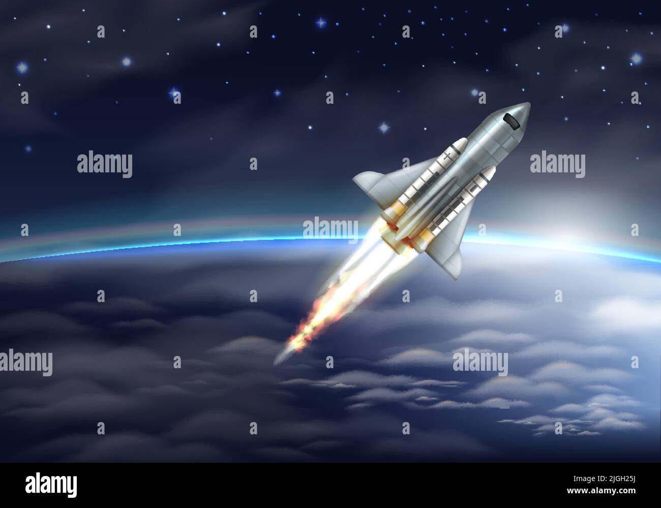 Realistic spacecraft flying in space on background with stars and ...