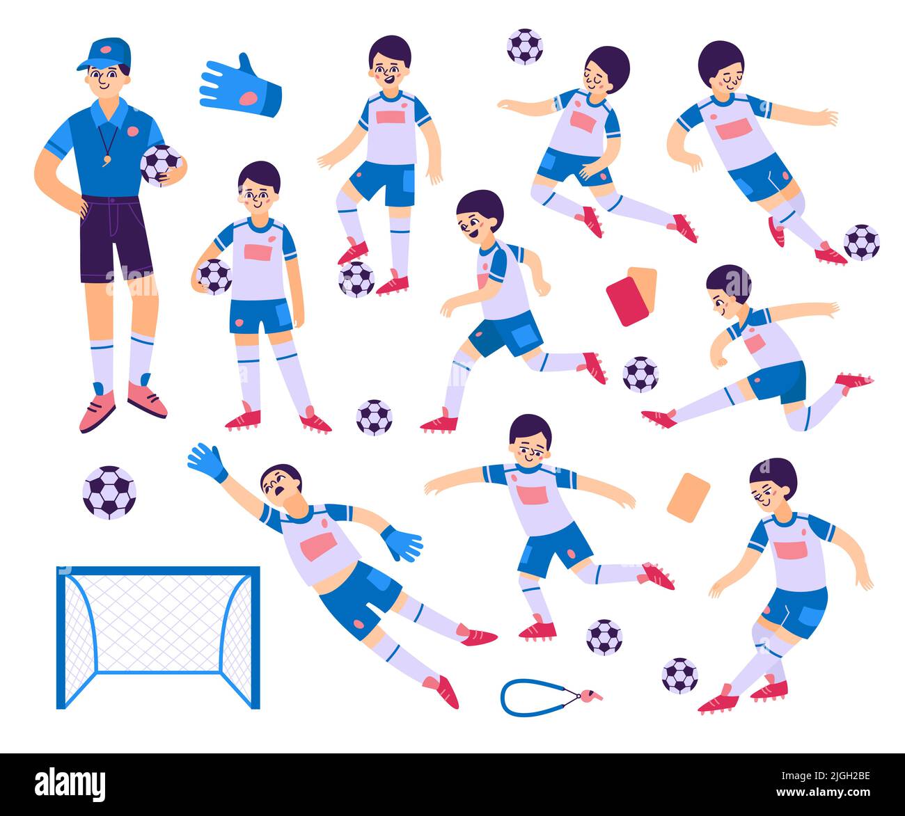 Football team flat set with male coach and boys soccer players in ...