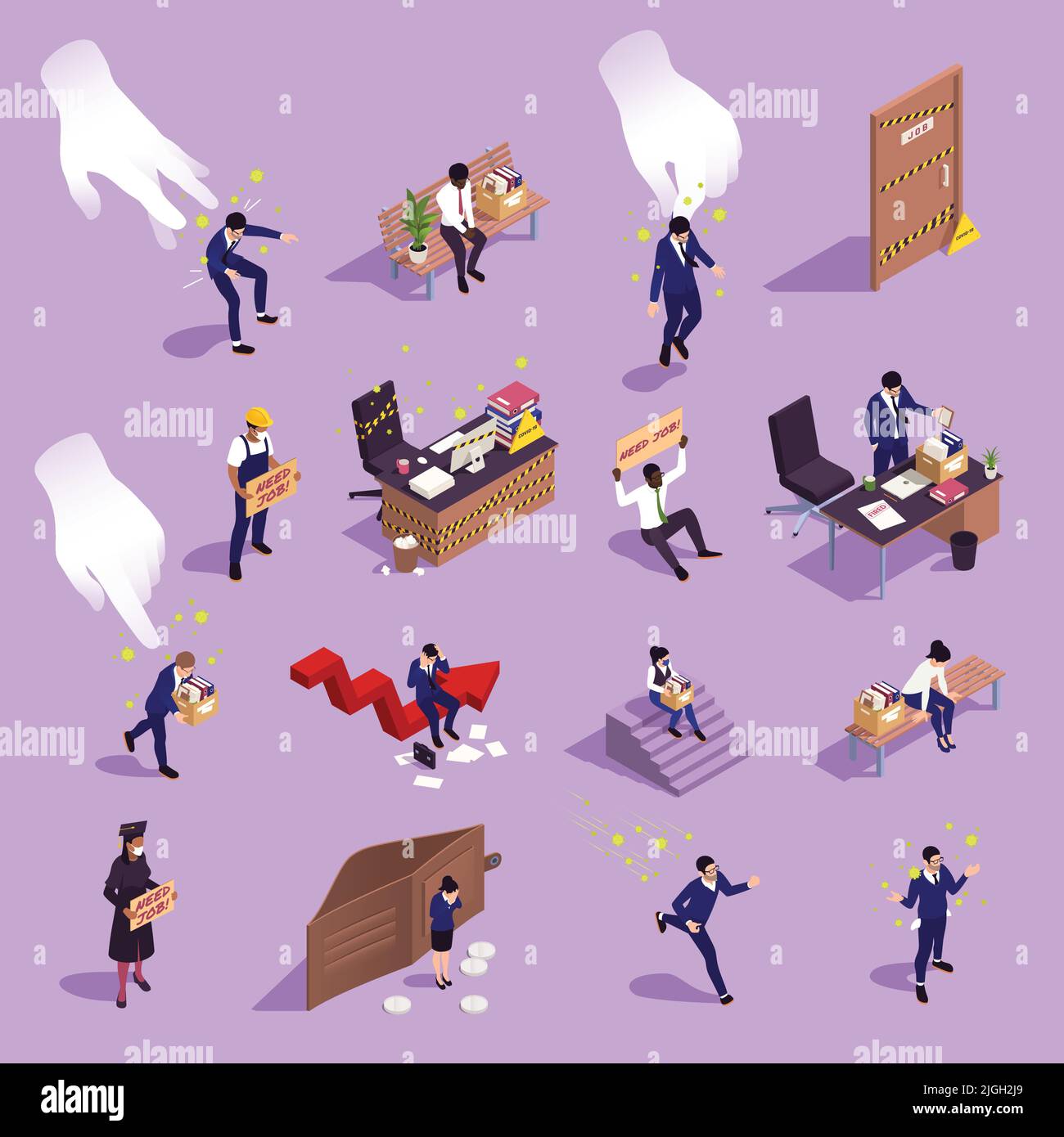 Unemployment and jobless people isometric set isolated vector ...