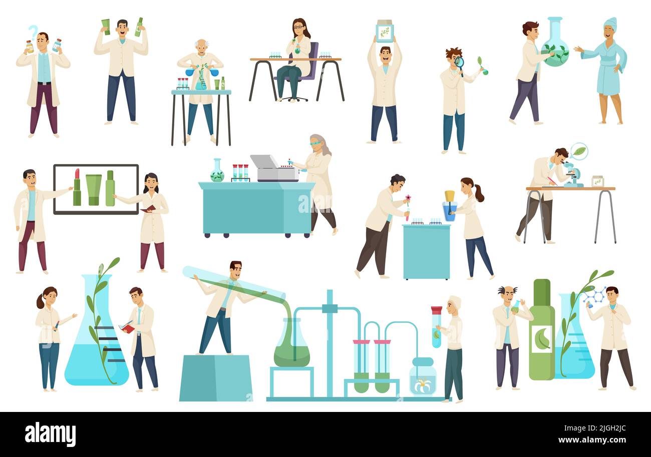 Cosmetic scientific laboratory set with flat isolated compositions of ...
